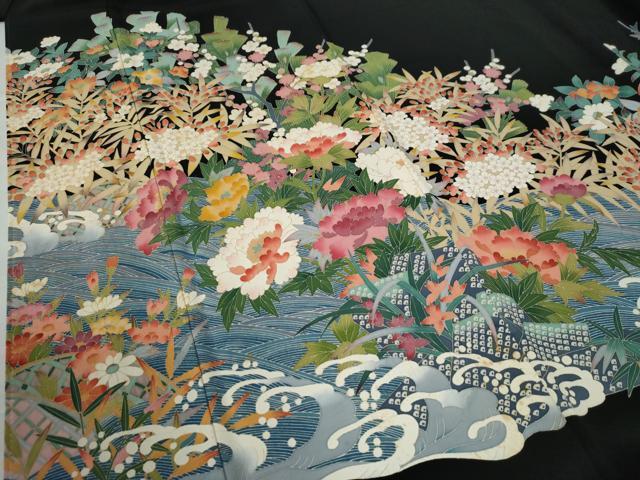 平和屋着物○本加賀友禅作家 池田裕 黒留袖 立波牡丹籬花