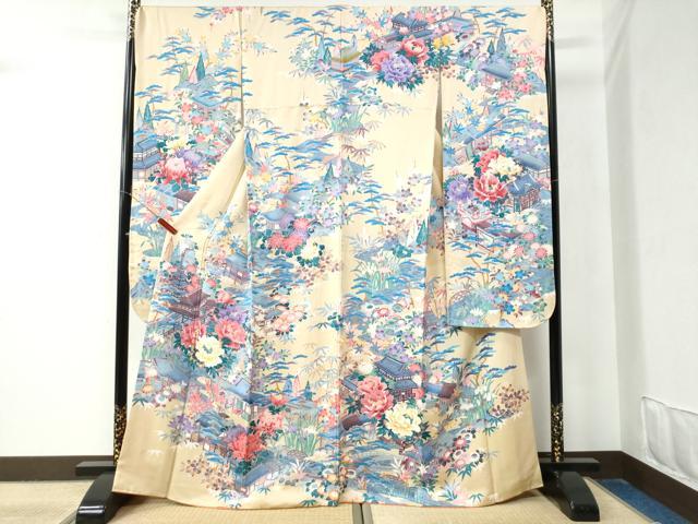 平和屋着物●豪華振袖　友禅　風景牡丹松竹梅花文　正絹　逸品　CAAZ2941yc