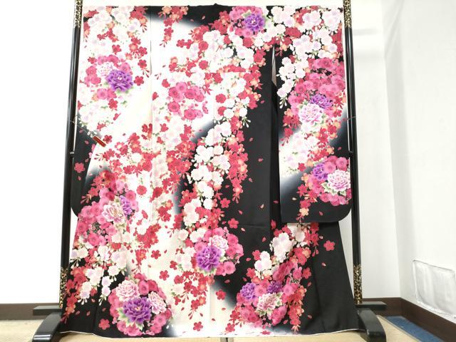 平和屋着物●豪華振袖　牡丹花文　ラメ糸　暈し染め　黒地　金彩　正絹　逸品　CAAZ3094yc