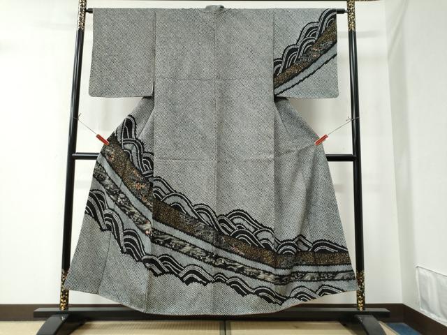 平和屋着物●訪問着　総絞り　刺繍　立波草花文　黒地　金彩　正絹　逸品　CAAZ3223yc