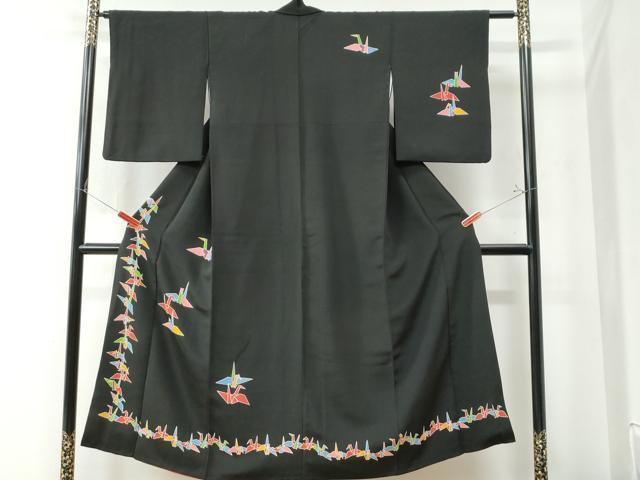 平和屋着物●訪問着　型染め　折り鶴　黒地　正絹　逸品　CAAZ3239yc