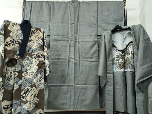 平和屋着物●男性　お召　アンサンブル　長襦袢セット　80亀甲　キングサイズ　正絹　逸品　未使用　CAAZ3406yc