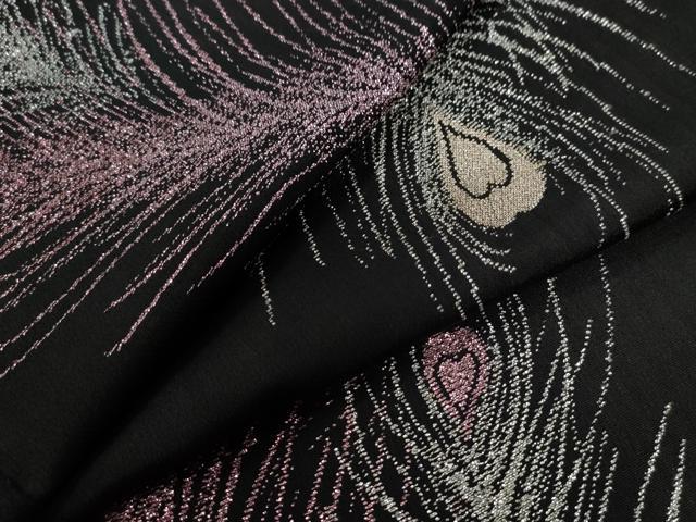 平和屋着物●アンティーク　大正ロマン　お召　孔雀羽根文　ラメ糸　黒地　正絹　逸品　CAAZ3430yc