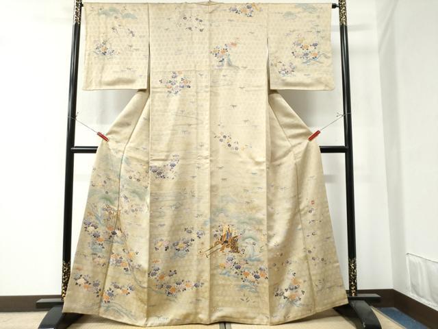 平和屋着物●訪問着　作家物　駒刺繍　御所車松竹梅花文　金彩　正絹　逸品　CAAZ3448yc 平和屋着物○訪問着 作家物 駒刺繍 御所車松竹梅花文 金彩 正絹