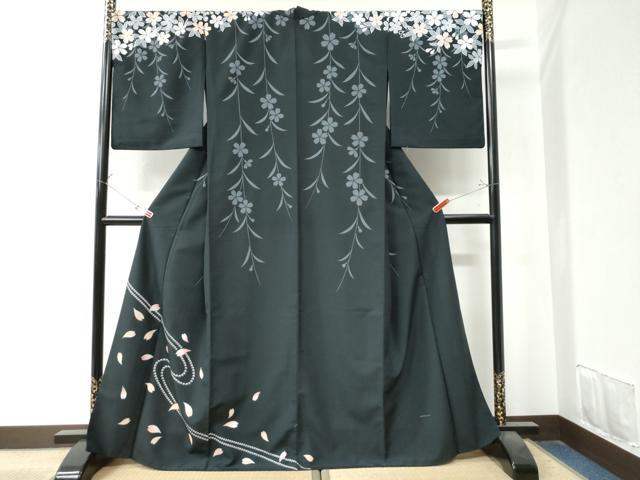 平和屋着物●訪問着　胴抜き仕立て　桜　舞花弁　黒地　金彩　洗える着物　CAAZ3461yc