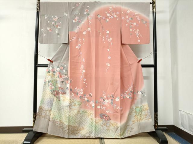 平和屋着物●訪問着　流水檜垣扇面枝菊文　暈し染め　金彩　正絹　逸品　CAAZ3502yc