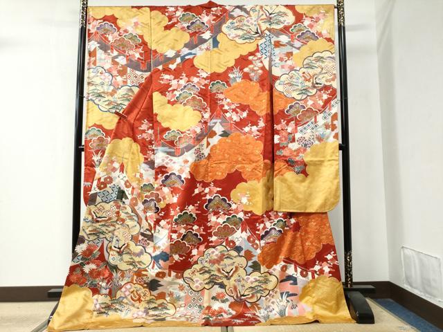 平和屋着物●豪華振袖　駒刺繍　雲取り飛鶴宝尽くし花松文　金彩　お引きずり　正絹　逸品　CAAZ3529yc