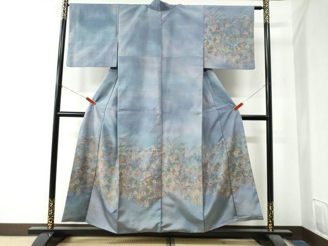 平和屋着物●訪問着　紬地　草花文　正絹　逸品　CAAZ3542yc