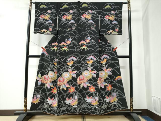 平和屋着物●訪問着　型染め　芝草松竹梅花文　黒地　正絹　逸品　CAAZ3567yc