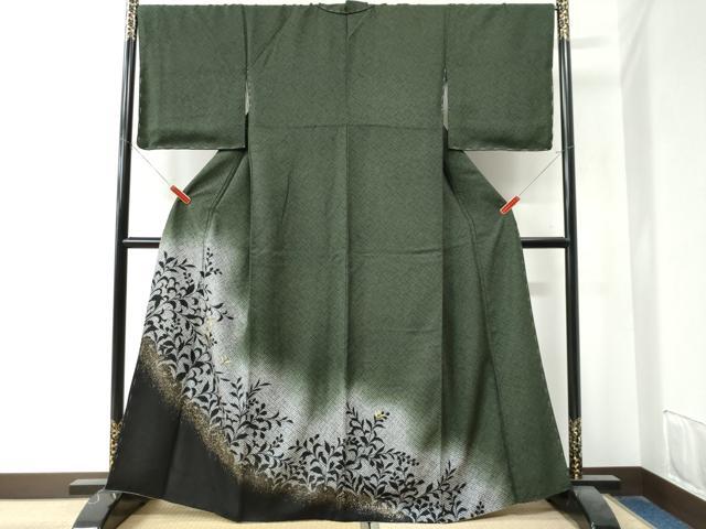 平和屋着物●訪問着　花唐草シルエット　鹿の子文様　黒地　金彩　正絹　逸品　未使用　CAAZ3587yc