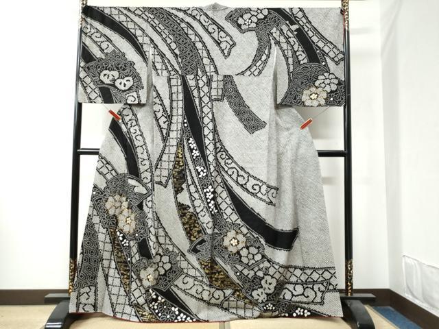 平和屋着物●訪問着　総絞り　駒刺繍　熨斗地紙吉祥花唐草文　黒地　金彩　正絹　逸品　CAAZ3666yc