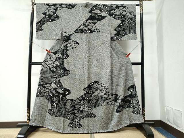 平和屋着物●訪問着　総絞り　籬風景松竹梅　黒地　正絹　逸品　CAAZ3667yc