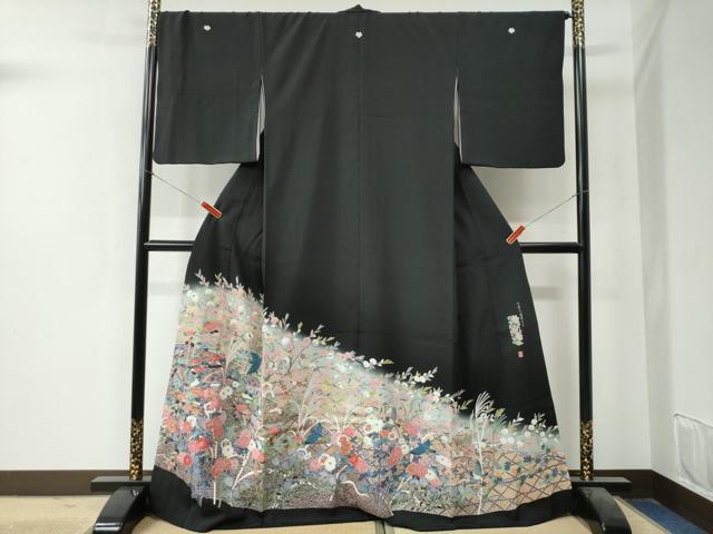 平和屋着物●豪華黒留袖　友禅　作家物　籬花鳥文　暈し染め　正絹　逸品　CAAZ3707yc