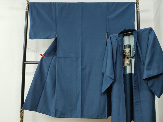 平和屋着物●男性　紬　アンサンブル　色無地　留紺色　正絹　逸品　CAAZ3709yc