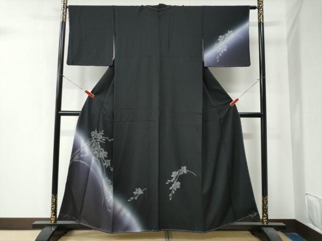 平和屋着物●訪問着　枝花文　暈し染め　黒地　銀彩　正絹　逸品　未使用　CAAZ3736yc