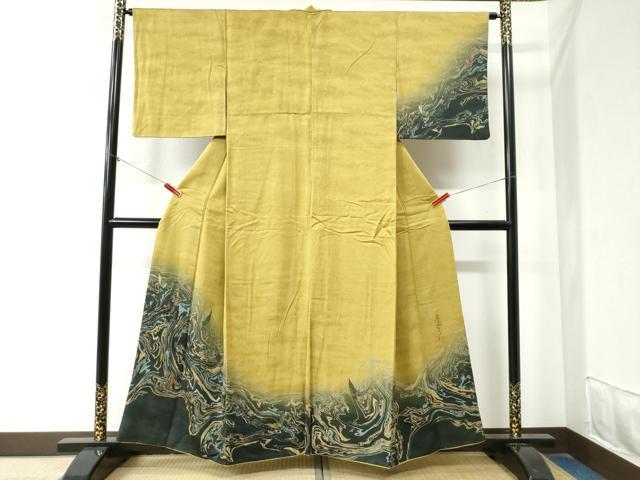 平和屋着物●染色作家　斉藤三才　訪問着　三才鳥　墨流し文様　暈し染め　金彩　正絹　逸品　CAAZ3899yc