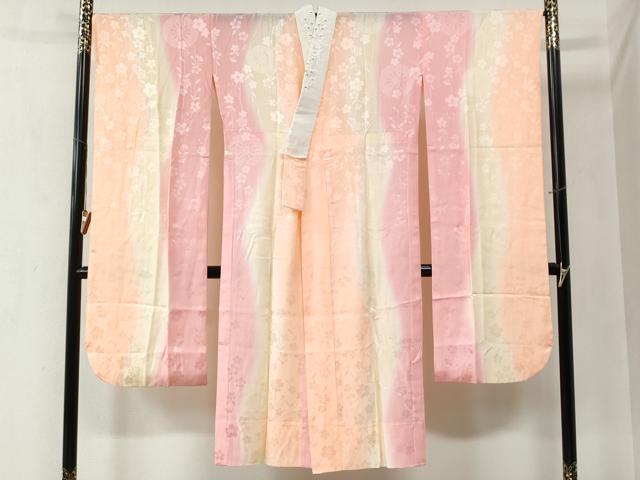 平和屋着物●振袖用長襦袢　無双仕立て　源氏車舞桜地紋　暈し染め　やまと誂製　半衿刺繍　正絹　逸品　CAAZ3934yc