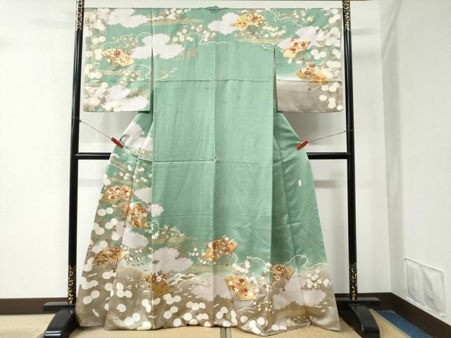 平和屋着物●十日町老舗ブランド 吉澤友禅 吾妻徳穂 訪問着 駒刺繍 雲取り扇面枝橘花文 暈し染め 金彩 正絹 逸品 未使用 CAAZ3947yc