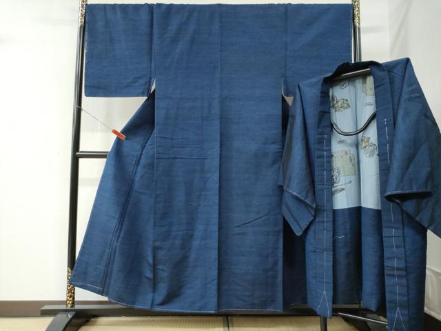 平和屋着物●男性　紬　アンサンブル　色無地　紺青色　正絹　逸品　未使用　CAAZ3957yc