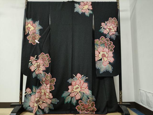 平和屋着物●豪華振袖　絞り　草花文　暈し染め　黒地　銀通し地　正絹　逸品　CAAZ3995yc