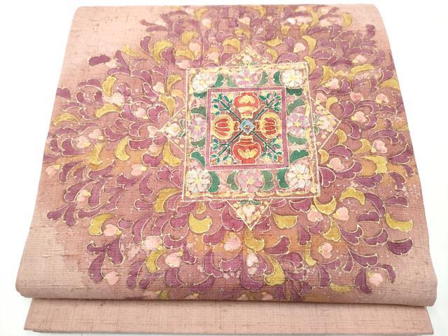 平和屋着物●太鼓柄袋帯　紬地　色紙重ね陶器花文　金彩　正絹　逸品　未使用　CAAZ4005hy