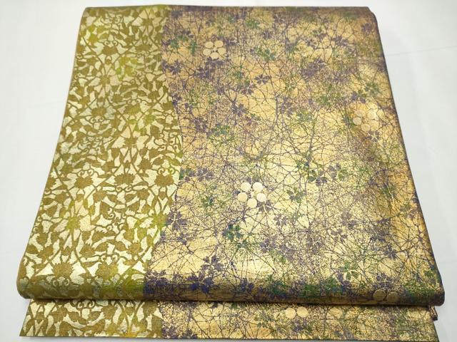 平和屋着物●石川県指定無形文化財　牛首紬　白山工房　手織り　全通柄袋帯　花唐草文　金彩　正絹　逸品　CAAZ4017hy