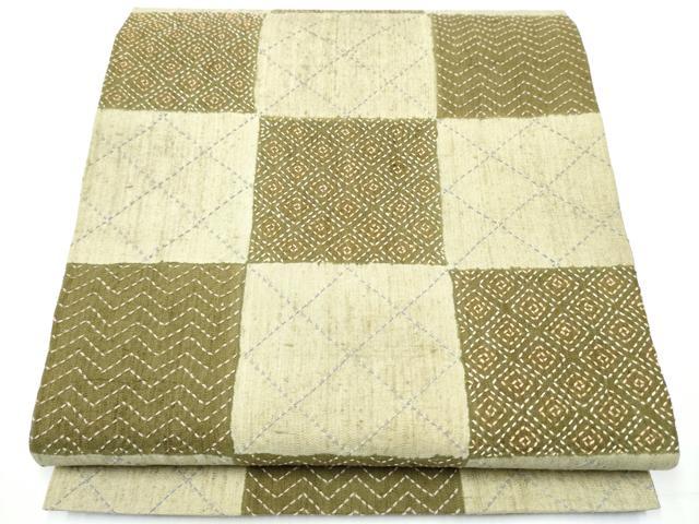 平和屋着物●六通柄袋帯　紬地　刺し子　市松吉祥文　正絹　逸品　CAAZ4032hy