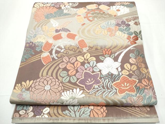 平和屋着物●六通柄袋帯　唐織　流水草花文　金糸　正絹　逸品　CAAZ4037hy