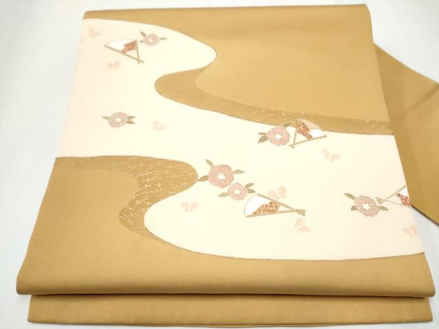 平和屋着物●塩瀬　九寸名古屋帯　扇面花蝶文　金彩　正絹　逸品　CAAZ4093hy