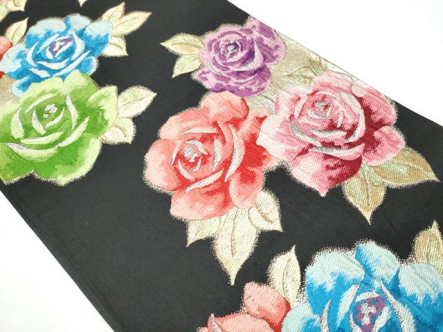 平和屋着物○六通柄袋帯 唐織 薔薇 黒地 金銀糸 正絹 逸品 CAAZ4125hy