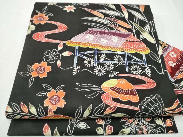 平和屋着物●九寸名古屋帯　型染め　流水風景文　黒地　正絹　逸品　CAAZ4149hy