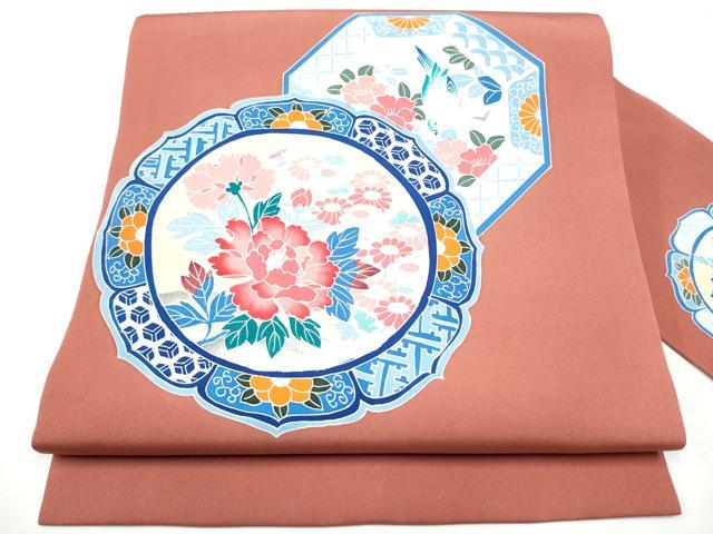 平和屋着物●塩瀬　九寸名古屋帯　友禅　絵皿花蝶文　正絹　逸品　CAAZ4159hy