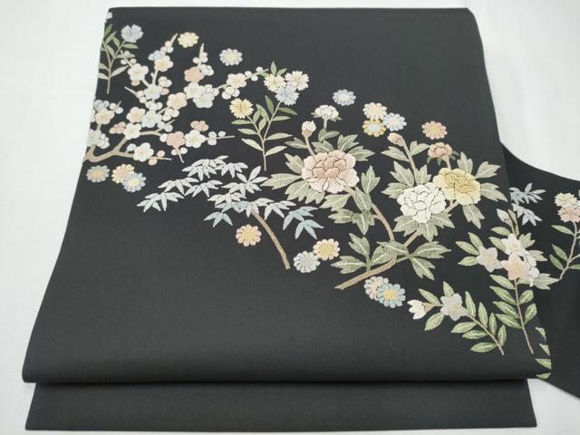 平和屋着物●中国三大刺繍　相良刺繍　総刺繍　塩瀬　九寸名古屋帯　枝花文　黒地　正絹　逸品　CAAZ4165hy