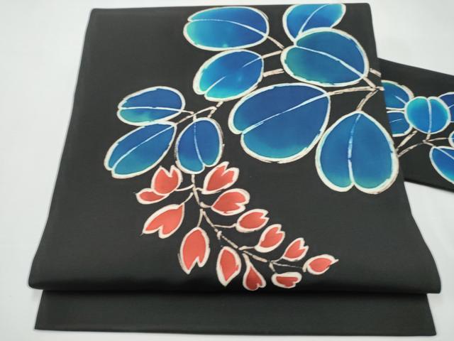 平和屋着物●塩瀬　九寸名古屋帯　ろうけつ染　枝葉文　黒地　正絹　逸品　CAAZ4167hy