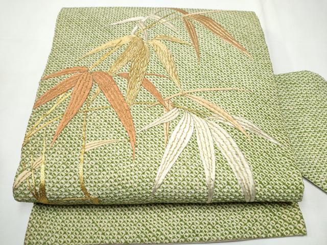 平和屋着物●九寸名古屋帯　駒刺繍　総絞り　枝笹文　正絹　逸品　CAAZ4168hy