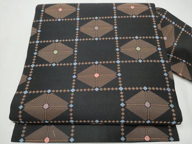 平和屋着物●九寸名古屋帯　幾何学文様　黒地　正絹　逸品　CAAZ4170hy