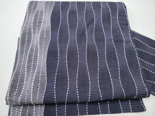 平和屋着物●全通柄　九寸名古屋帯　紬地　刺し子　よろけ縞　正絹　逸品　CAAZ4173hy