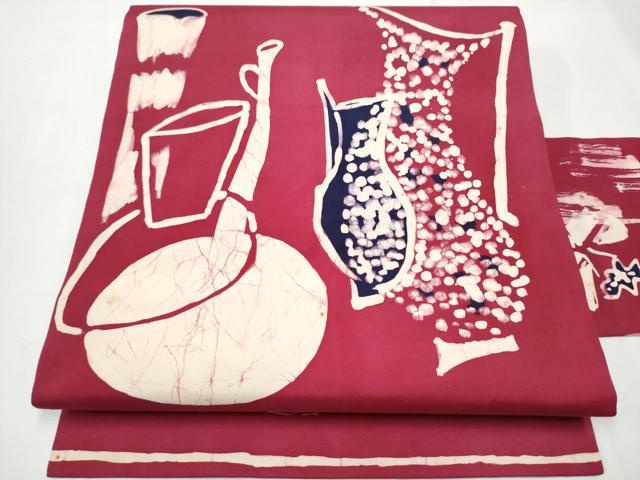 平和屋着物●九寸名古屋帯　作家物　一珍染め　陶器文　正絹　逸品　CAAZ4175hy