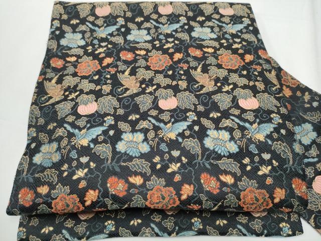 平和屋着物●全通柄　九寸名古屋帯　唐織　花鳥文　黒地　正絹　逸品　CAAZ4176hy