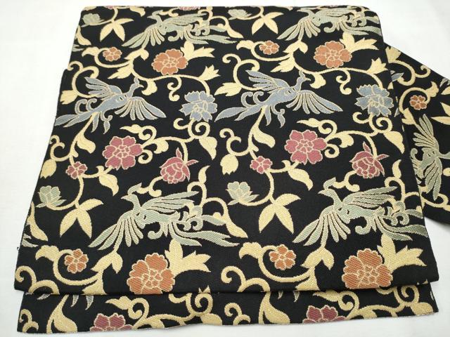 平和屋着物●九寸名古屋帯　花鳥文　黒地　金糸　正絹　逸品　CAAZ4179hy