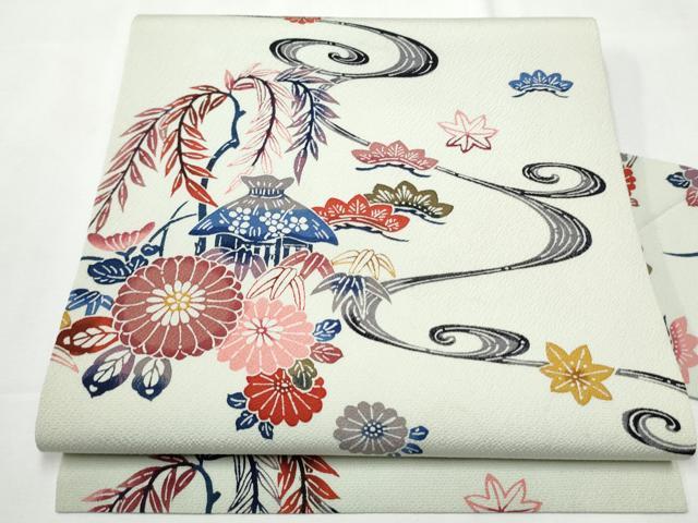 平和屋着物●九寸名古屋帯　紅型　風景草花文　鬼しぼ縮緬　正絹　逸品　CAAZ4190hy