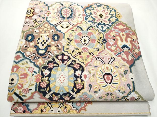 平和屋着物●爪掻き本綴れ　太鼓柄袋帯　陶器更紗花文　金銀糸　正絹　逸品　CAAZ4259hy