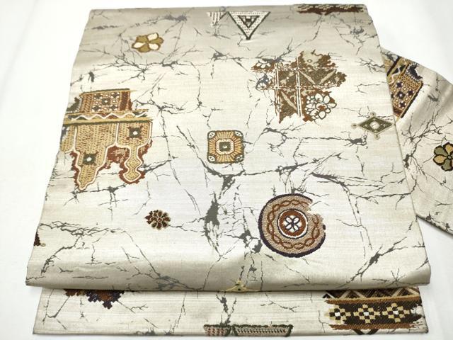 平和屋着物●アンティーク　大正ロマン　全通柄　九寸名古屋帯　幾何学文様　銀糸　正絹　逸品　CAAZ4285hy