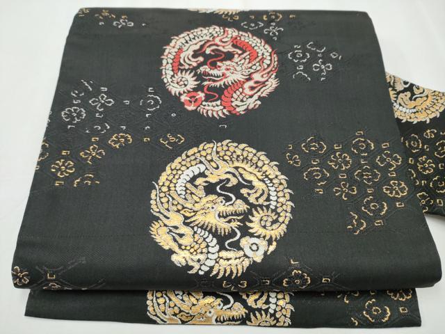 平和屋着物●アンティーク　大正ロマン　九寸名古屋帯　龍　黒地　金糸　正絹　逸品　CAAZ4288hy