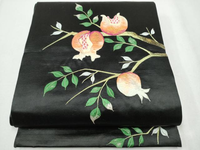 平和屋着物●アンティーク　大正ロマン　九寸開き名古屋帯　総刺繍　ザクロ　黒地　金銀糸　正絹　逸品　CAAZ4291hy
