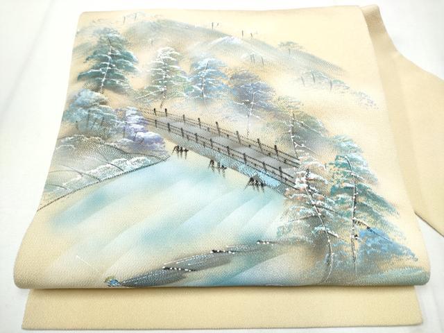 平和屋着物●九寸名古屋帯　手描き　渡橋樹林文　金彩　鬼しぼ縮緬　正絹　逸品　CAAZ4294hy