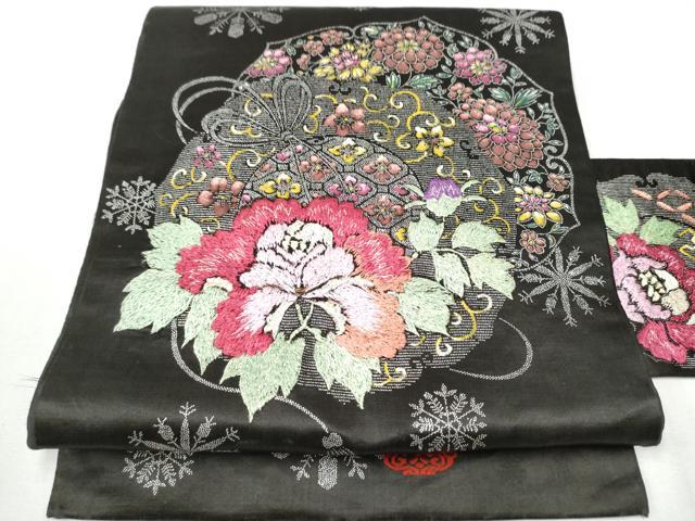 平和屋着物●アンティーク　大正ロマン　九寸名古屋帯　鏡裏花文　銀彩　正絹　逸品　CAAZ4299hy