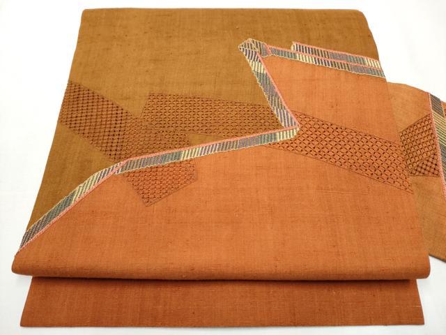 平和屋着物●中国三大刺繍　スワトウ刺繍　総刺繍　九寸名古屋帯　紬地　幾何学文様　正絹　逸品　CAAZ4350hy