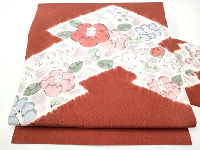 平和屋着物●九寸名古屋帯　手描き　椿　鬼しぼ縮緬　正絹　逸品　CAAZ4356hy