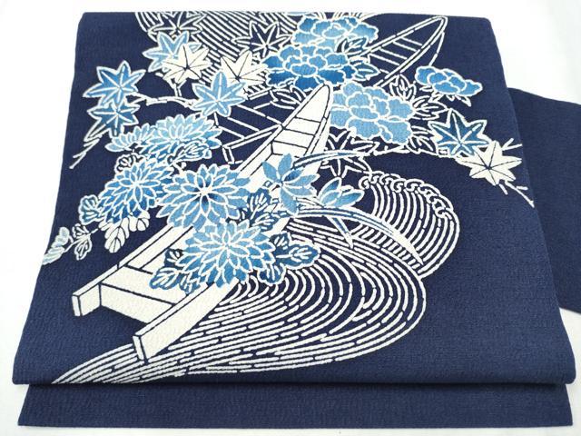 平和屋着物●九寸名古屋帯　本藍　型染め　船　流水花文　鬼しぼ縮緬　正絹　逸品　CAAZ4365hy